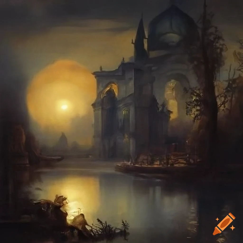 Dark fantasy landscape with a Renaissance baroque rococo style in a ...
