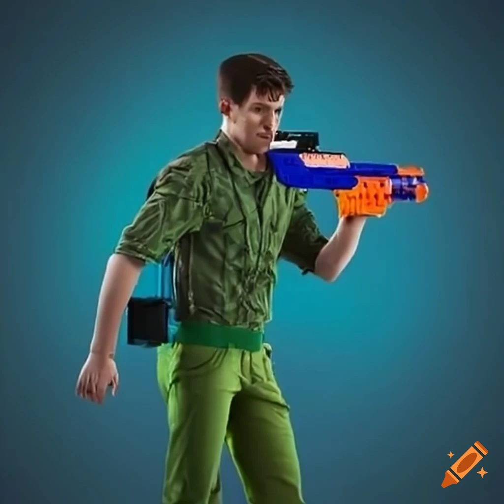 Man in green pants and blue shirt with a nerf on his waist on Craiyon