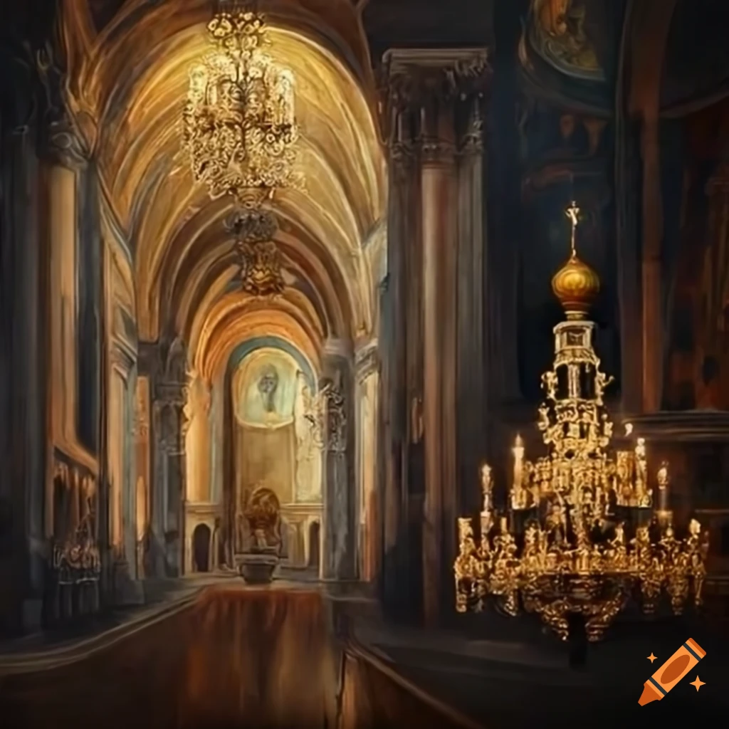 Moody painting of russian cathedral interior with dark halls and ...