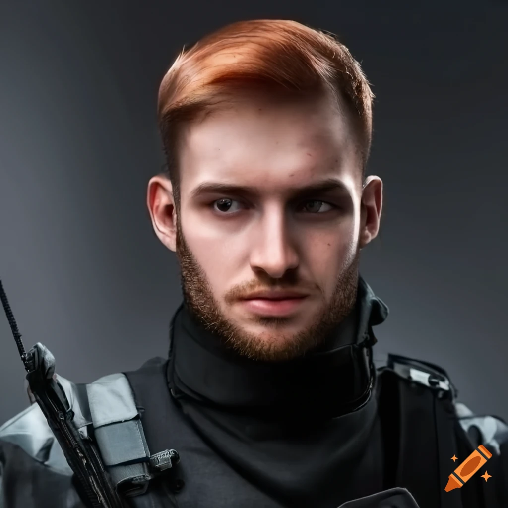 Young man in SWAT uniform with auburn hair and stubble beard on Craiyon