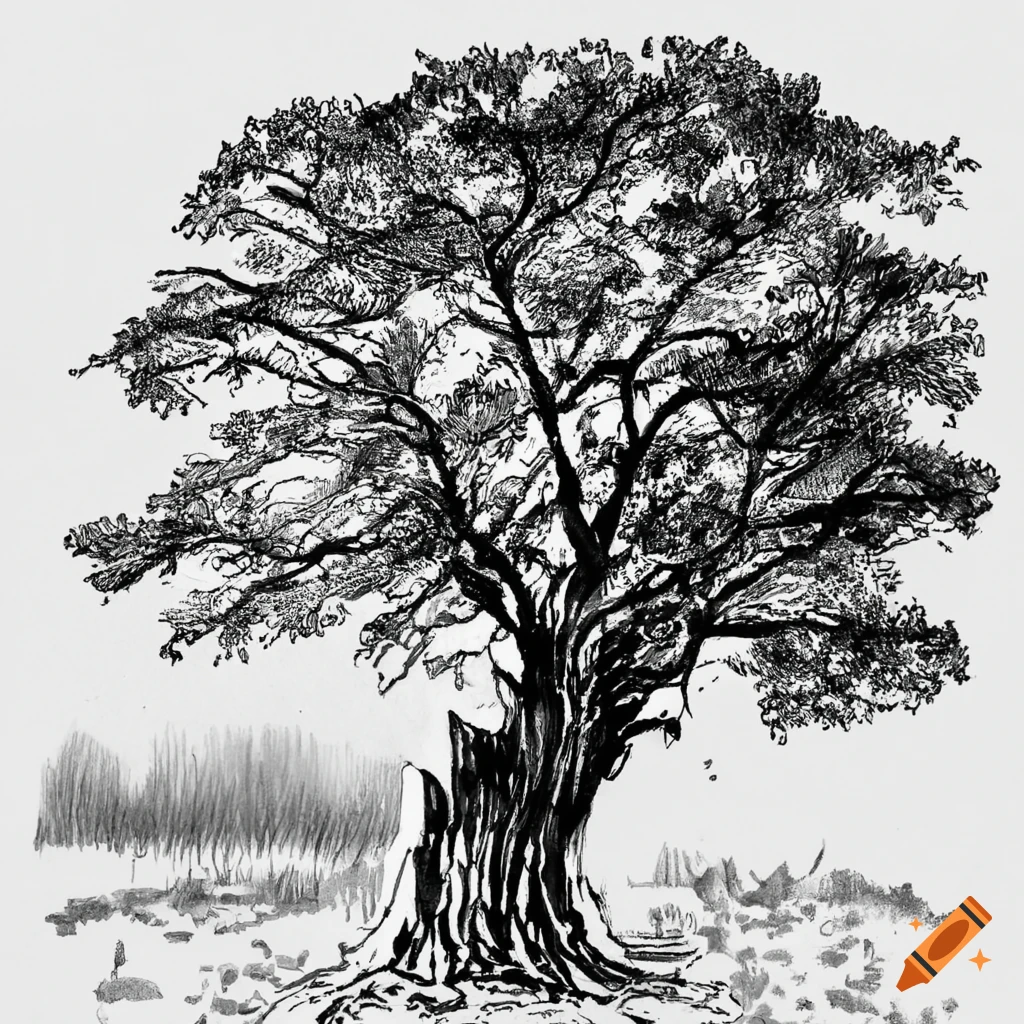 Black and white ink drawing of oak trees on Craiyon