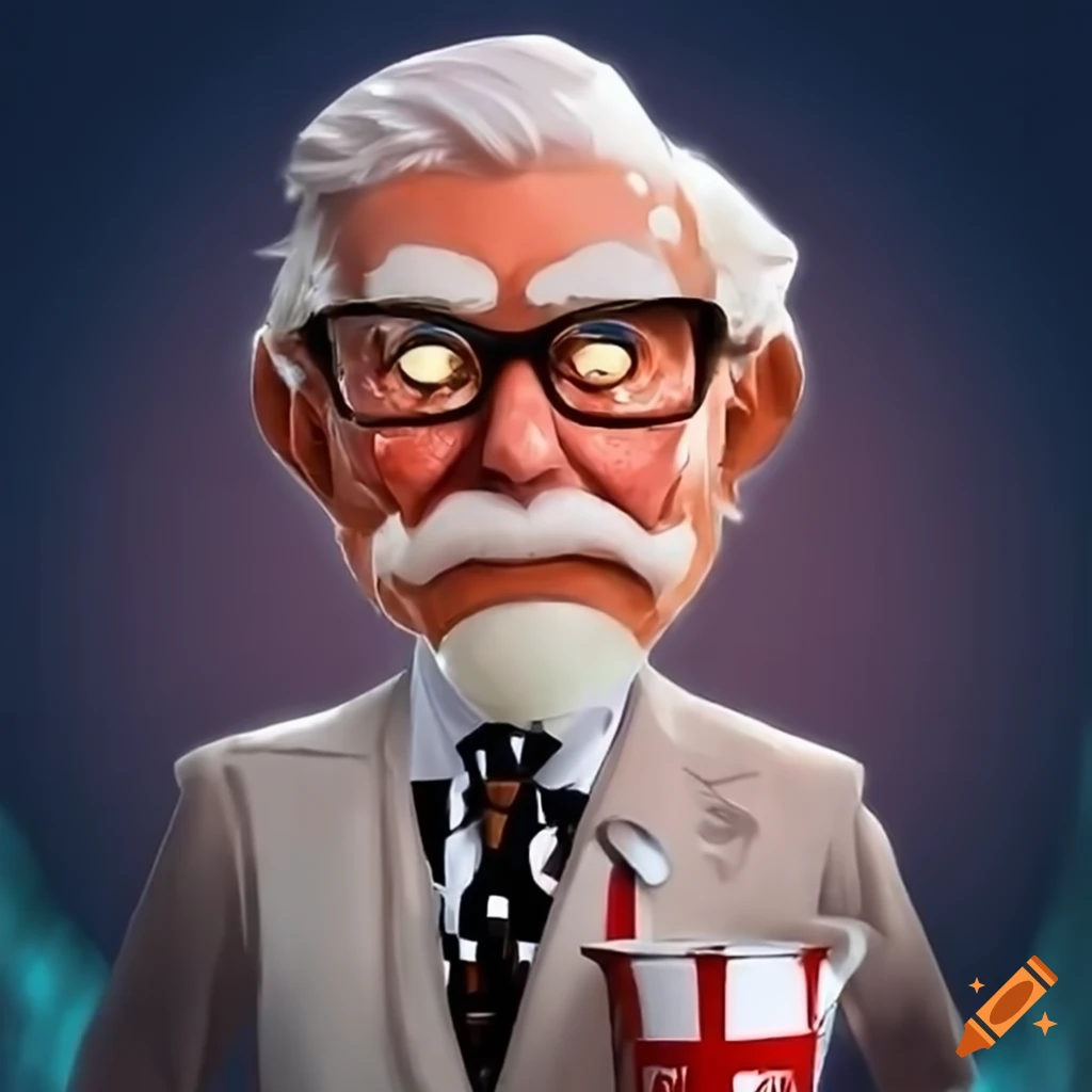 Colonel sanders holding kfc bucket with glowing eyes on Craiyon