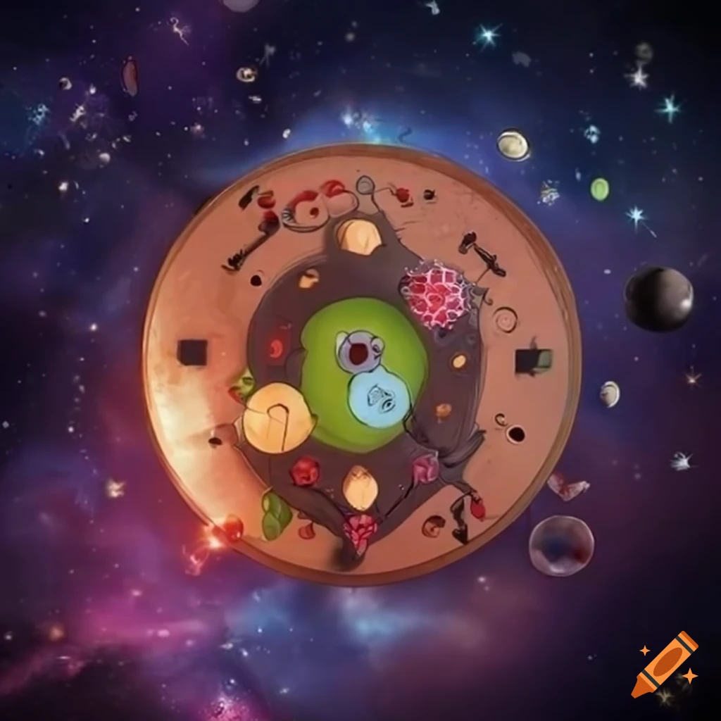 Round board game with space, faun, and flora on Craiyon