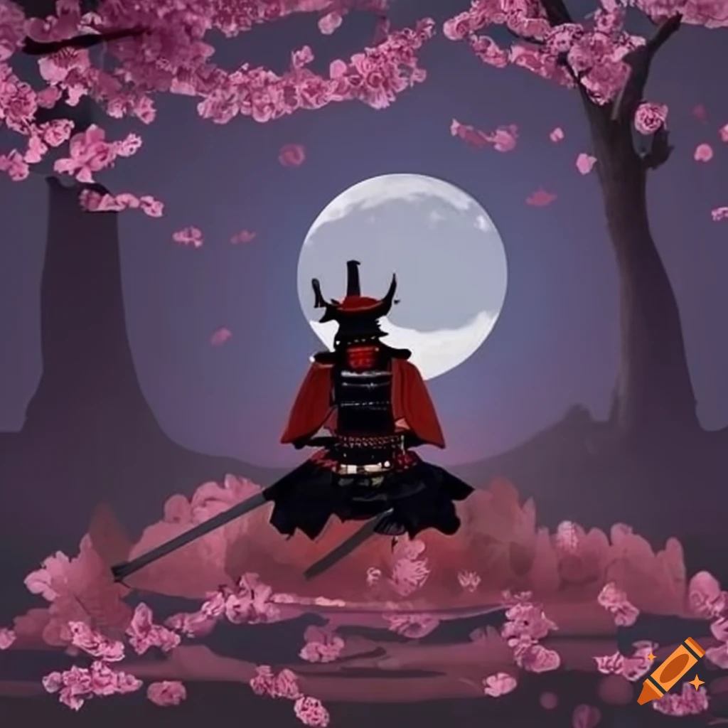 Japanese samurai sitting under a cherry blossom tree with a sword ...