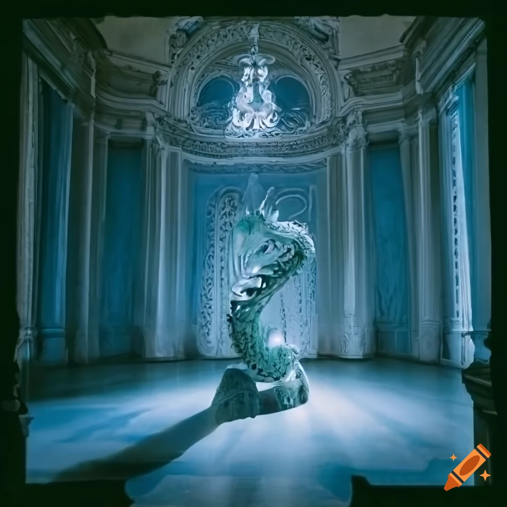 Abstract renaissance glass dragon sculpture in a ballroom with light ...