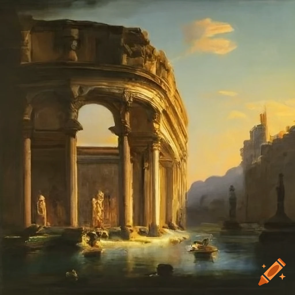 Neoclassical roman ruins with a lovely sky and lanterns under nordic ...