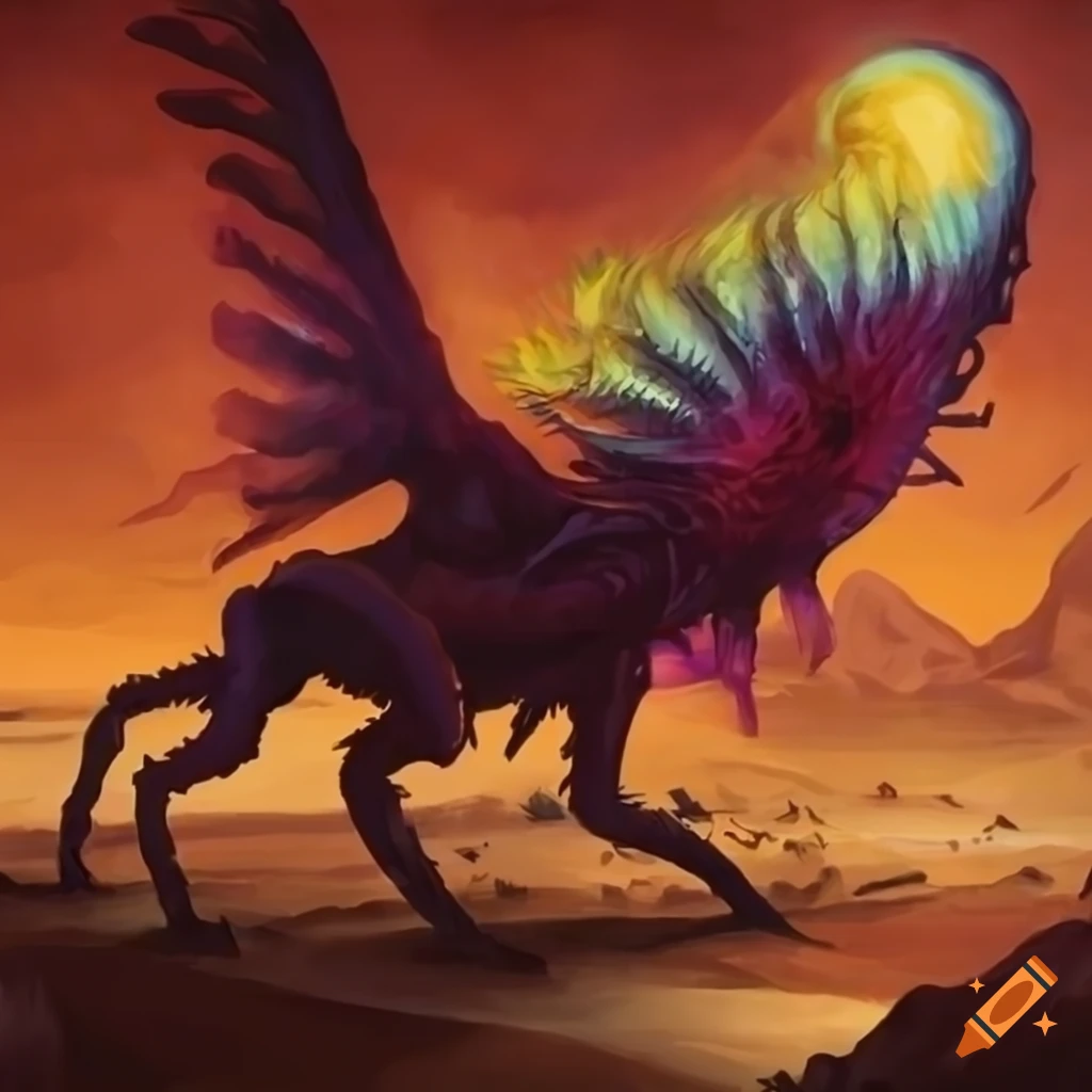 Strange creatures in a desert from mtg fantasy art on Craiyon
