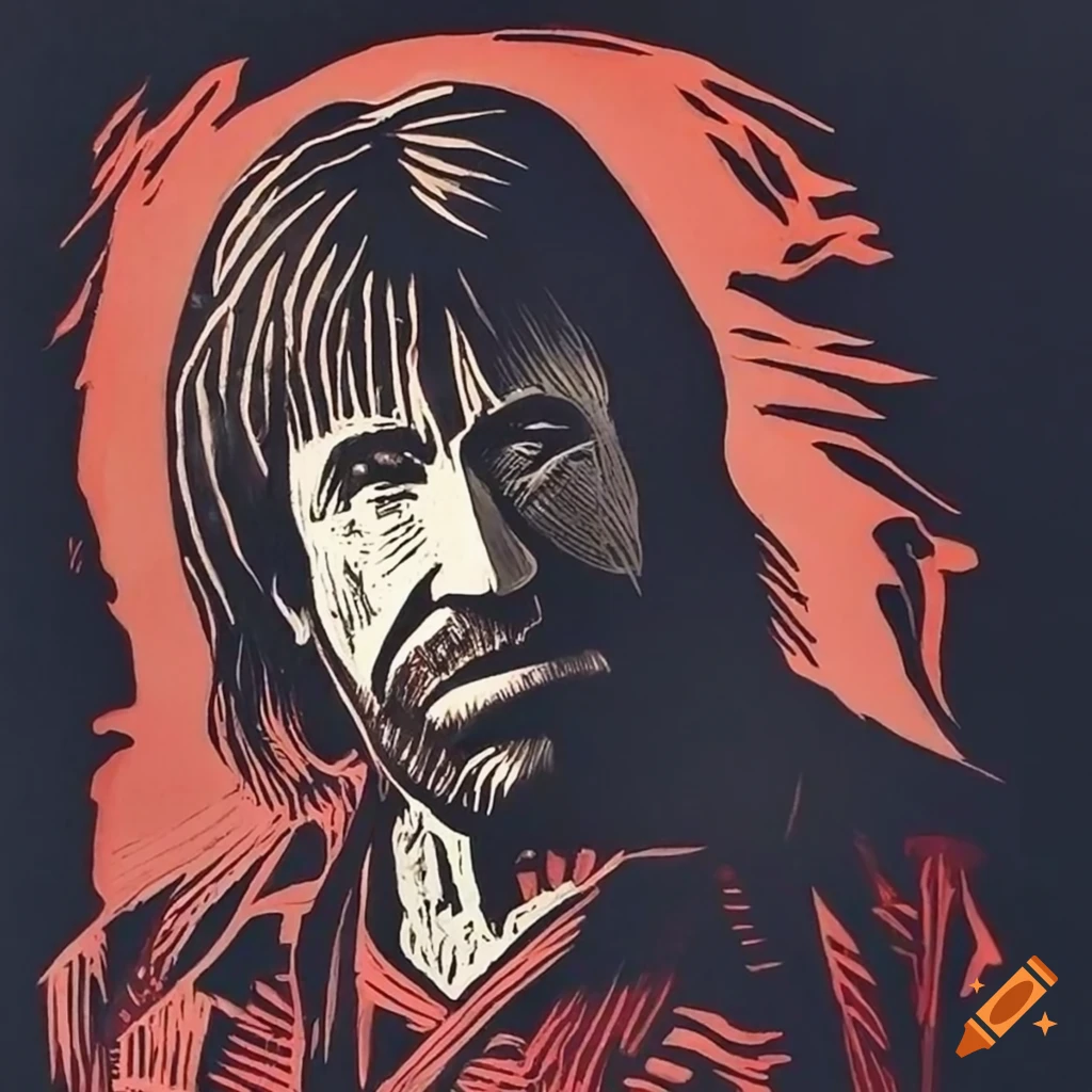 Chuck norris portrayed in linocut art style on Craiyon