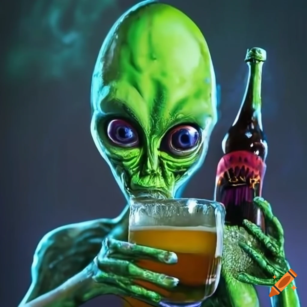 Alien enjoying a cold beverage on Craiyon