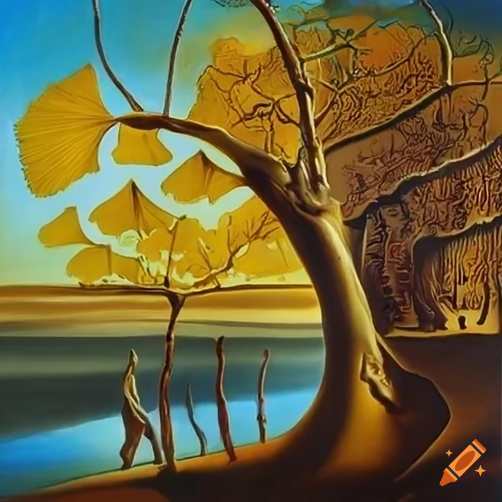 Ginkgo biloba tree forest painting by Salvador Dali on Craiyon