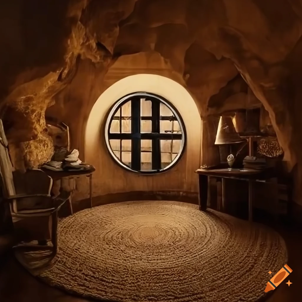 Detailed wooden cave living room with small round window, arm-chair ...