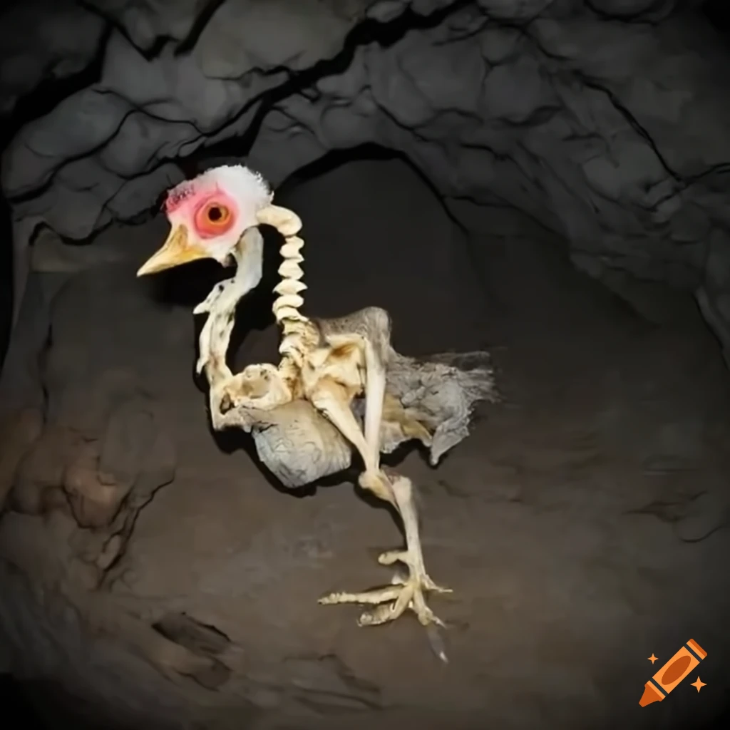 Skeleton chicken with red eyes in a dark cave on Craiyon