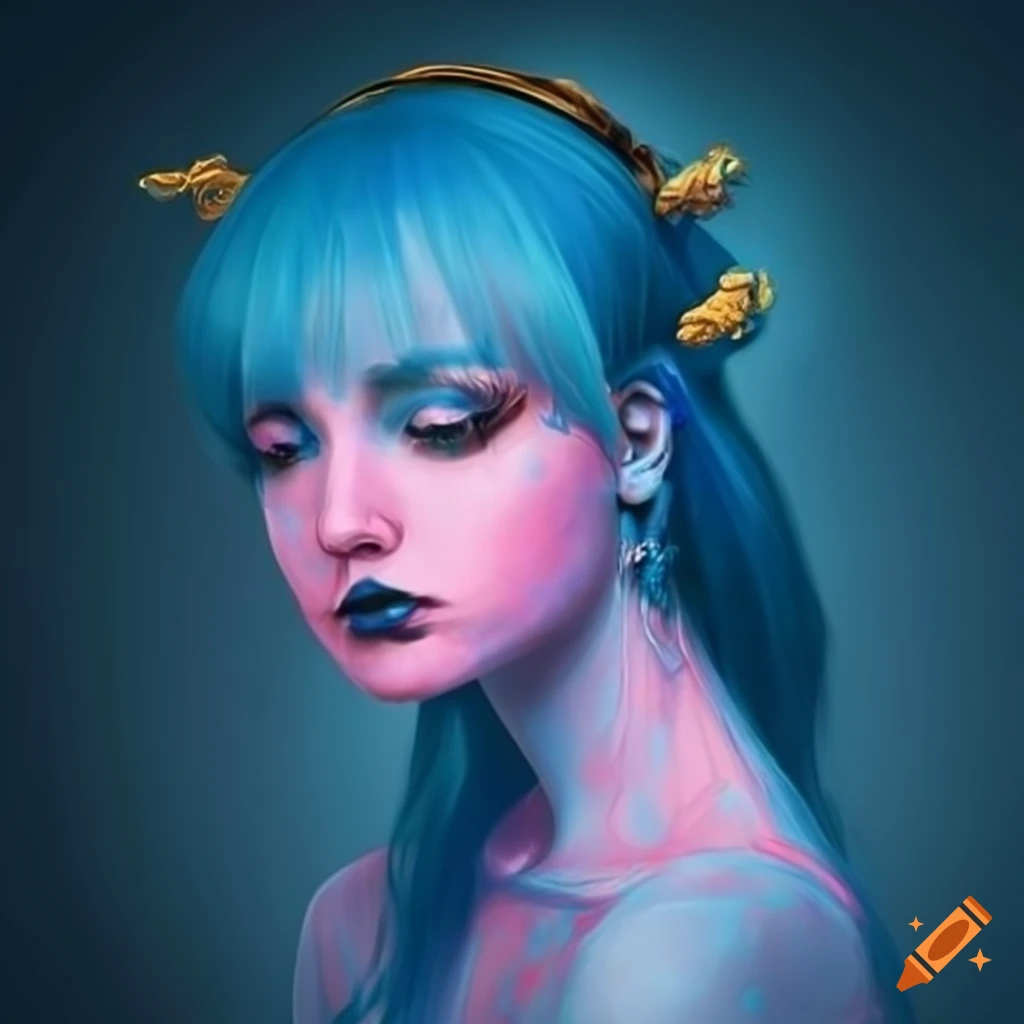 Blue nymph in dreamlike scenario with a pink castle in the background ...