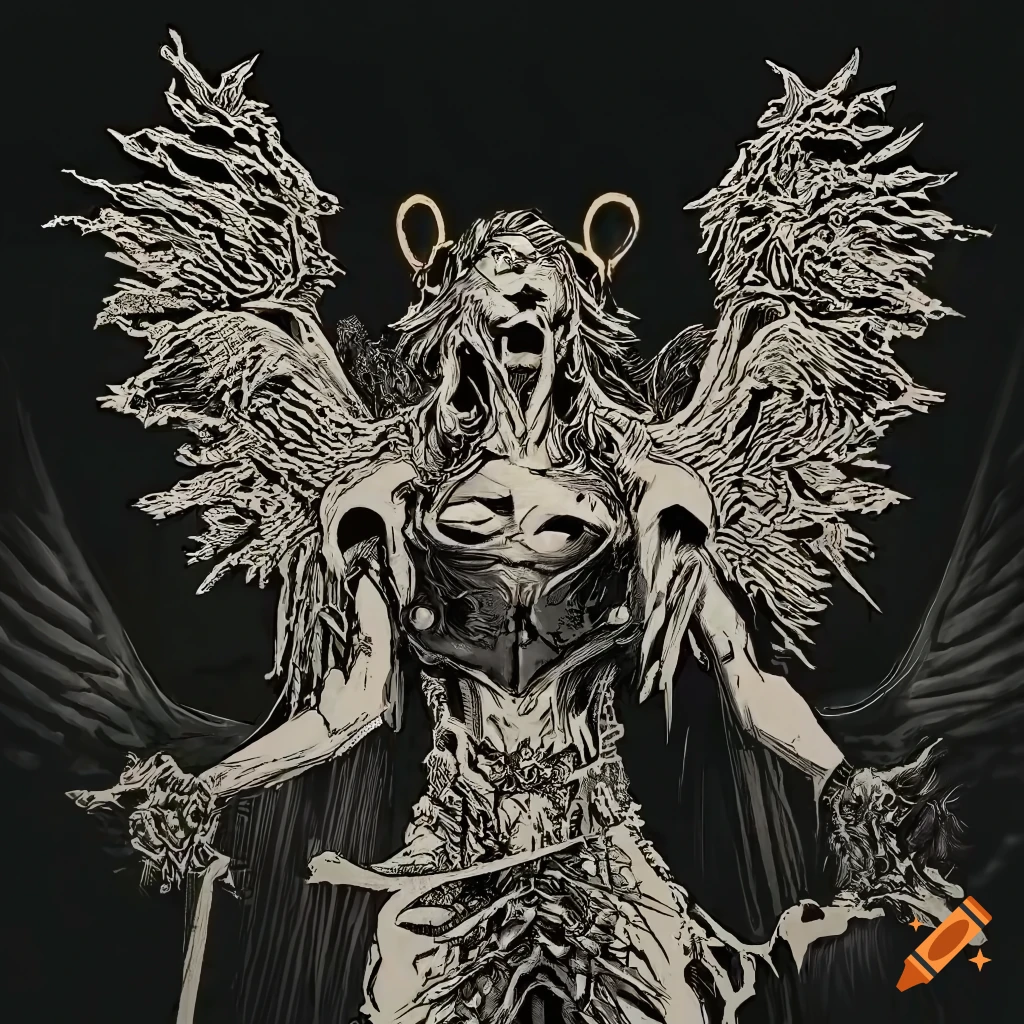 Gold, white, and black angelic demon apostle in art nouveau style ...