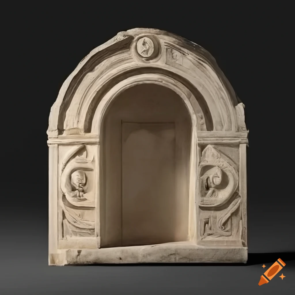 Greek shrine with carved columns and stone door on Craiyon