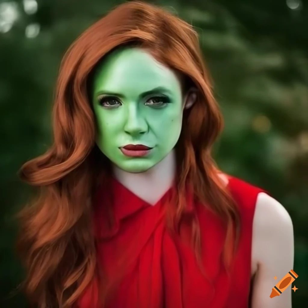 Cosplay of 'the mask' by karen gillan in vibrant red dress with green ...
