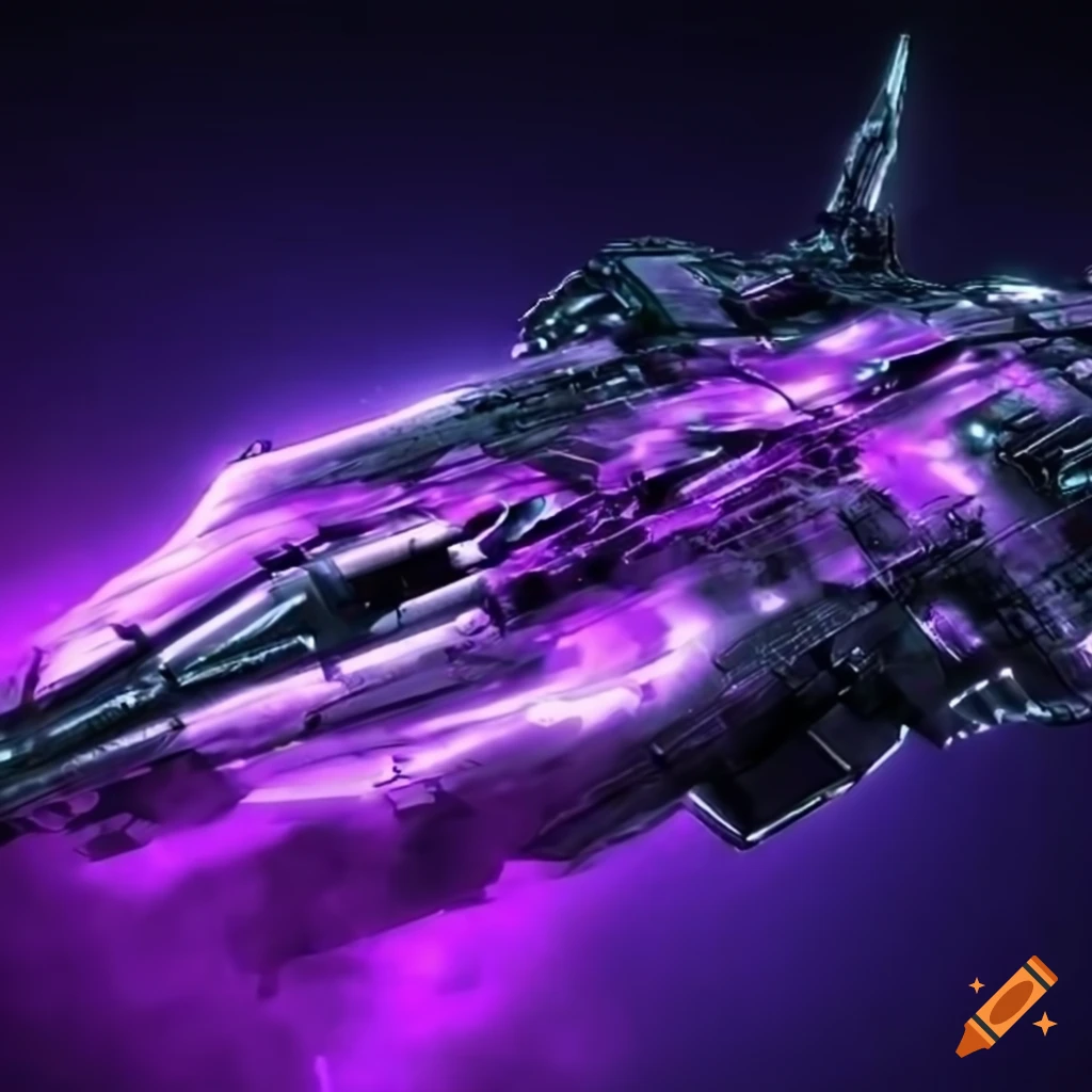 Glowing purple and shiny gray massive spaceship on Craiyon