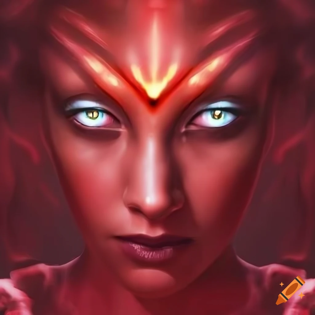 Close-up of a fiery red elemental woman on dark red background on Craiyon