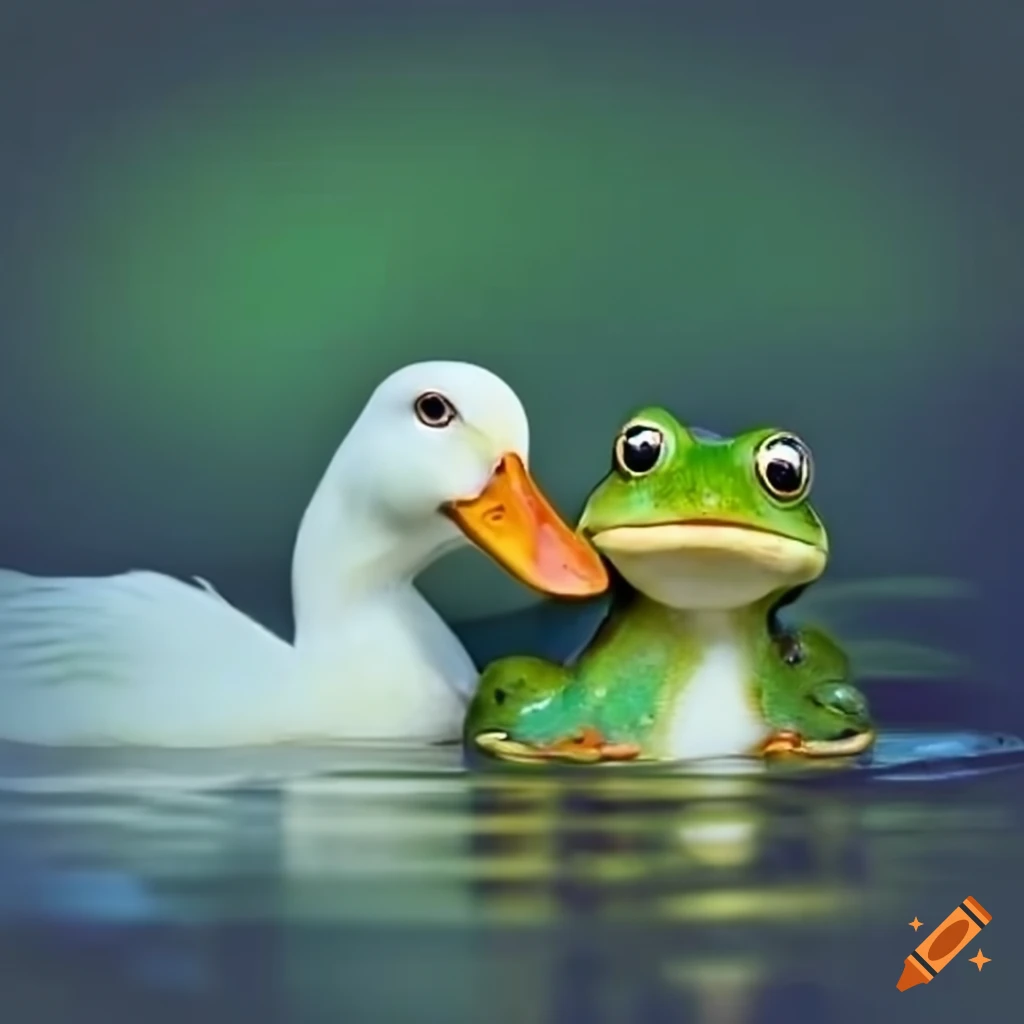Green frog and white duck showing affection on Craiyon