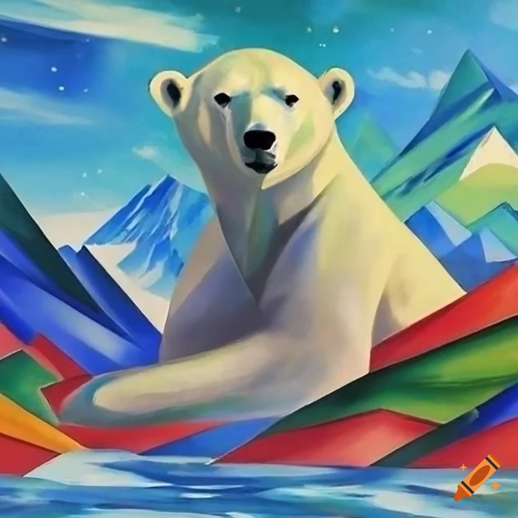 Polar bear in franz marc style with cool colors, mountains, and stars ...