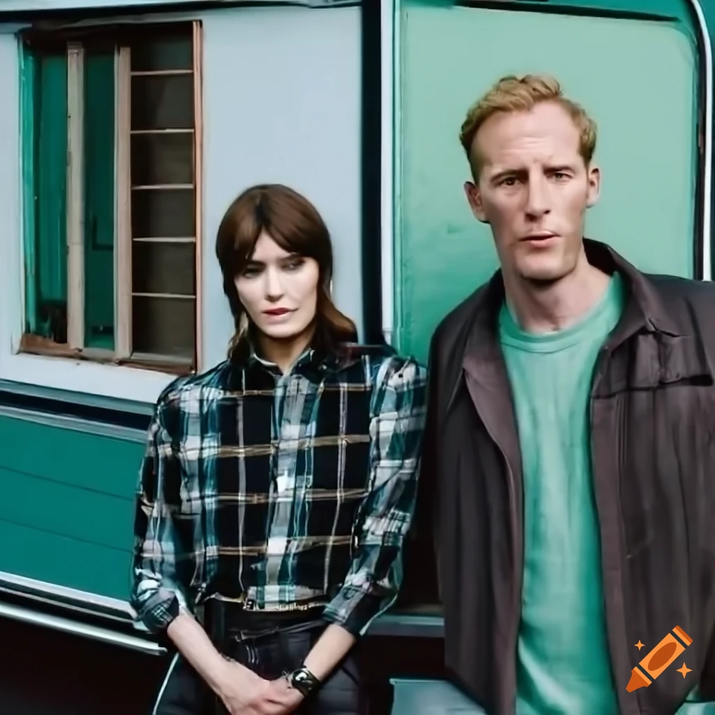 Two people in stylish attire standing in a photorealistic close-up view ...