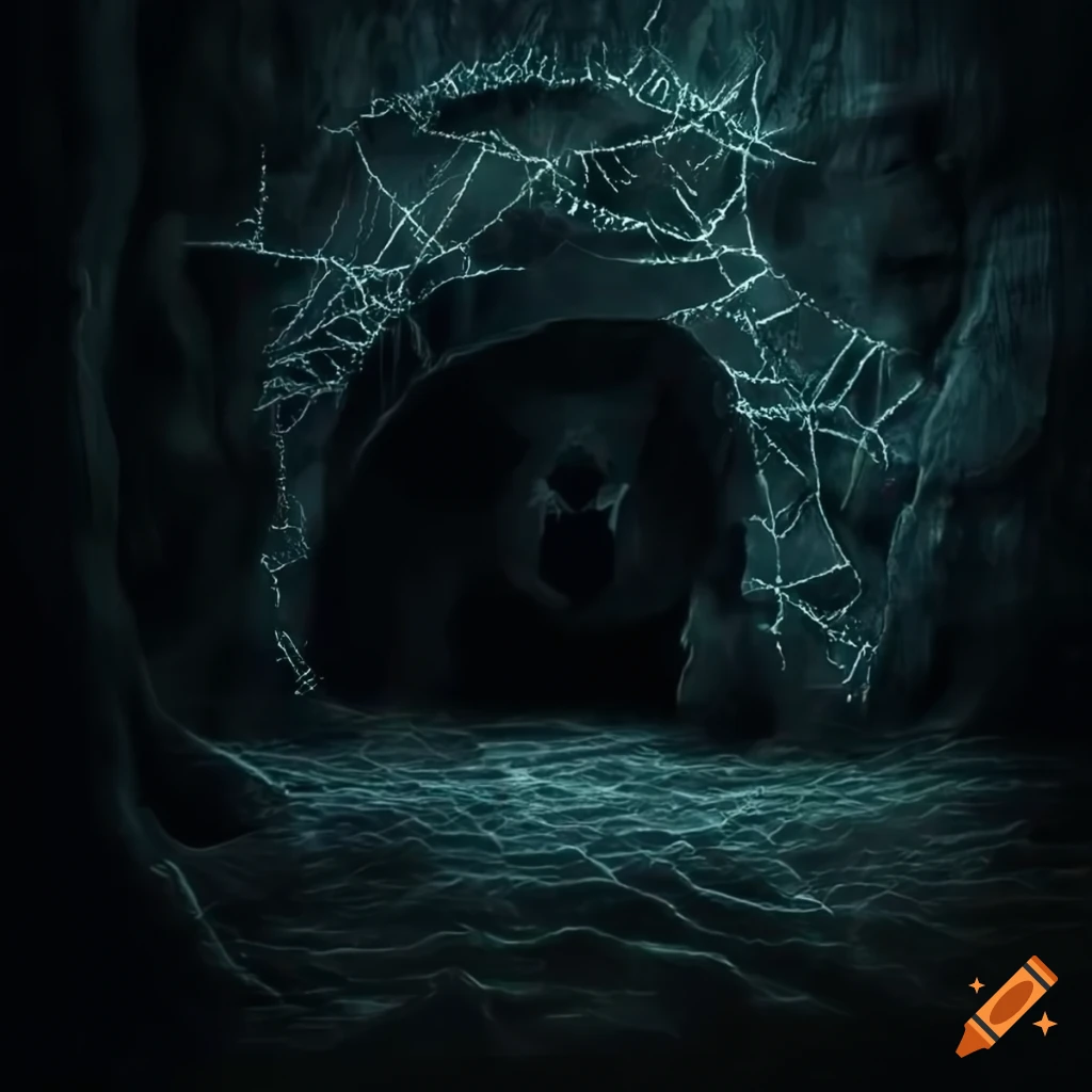 Entrance to a dark cave with spider webs and bear sign on Craiyon