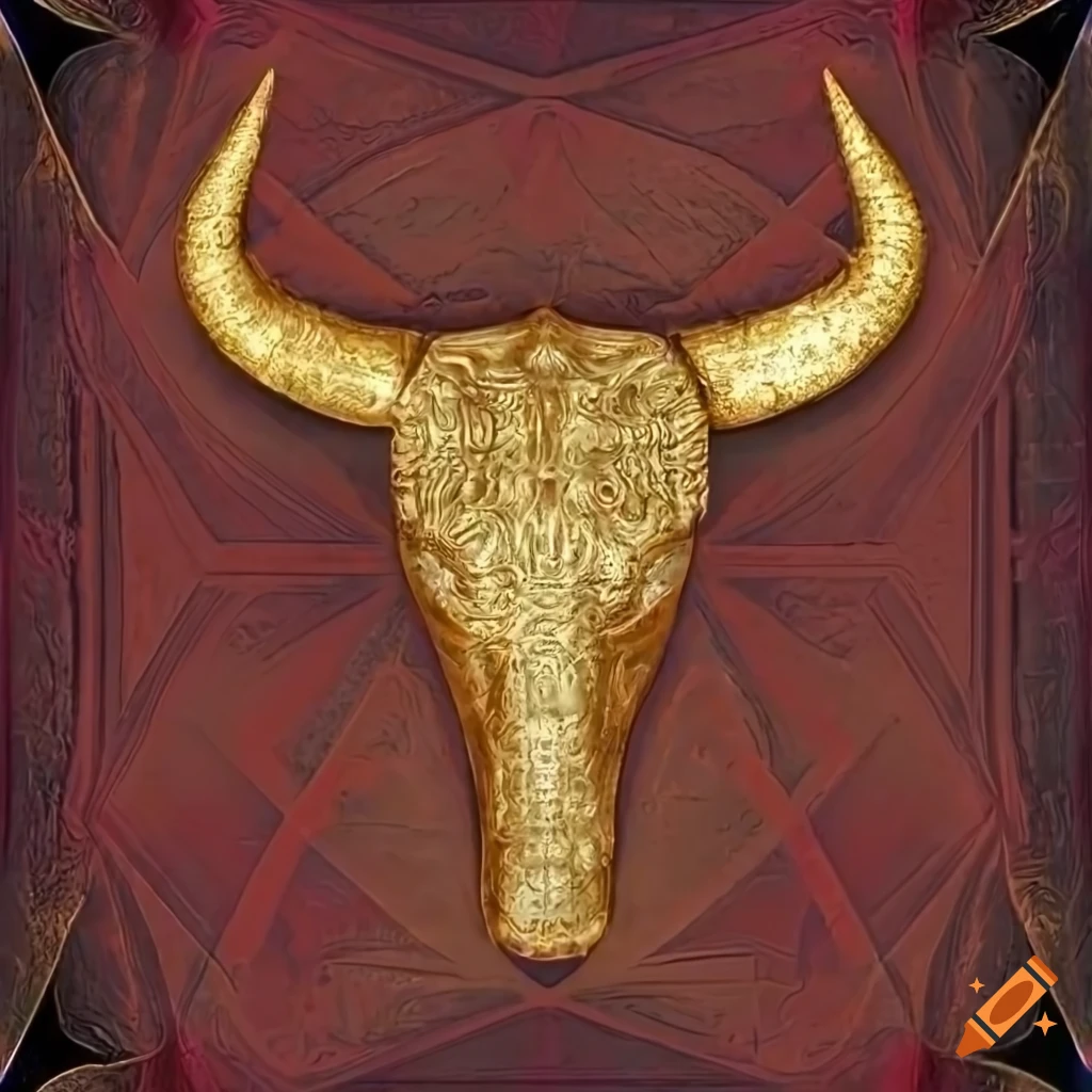 Gold cross with complex geometrical patterns on a dark red background ...