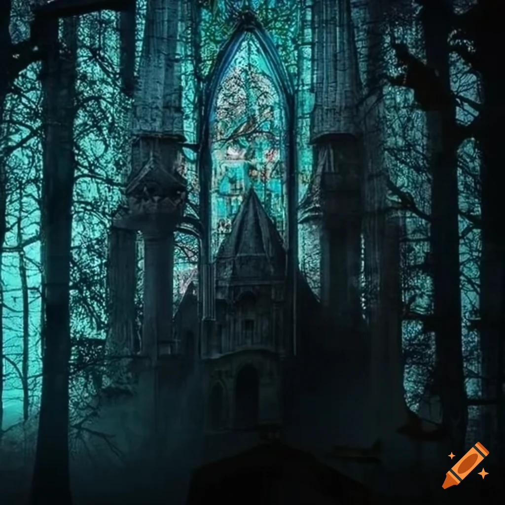 Gothic castle in a spooky dark forest with stained glass style on Craiyon