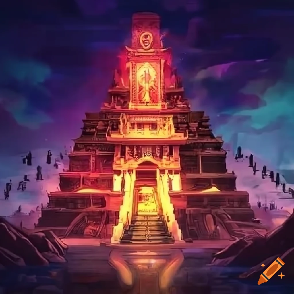 Cinematic anime aztec temple illuminati on Craiyon