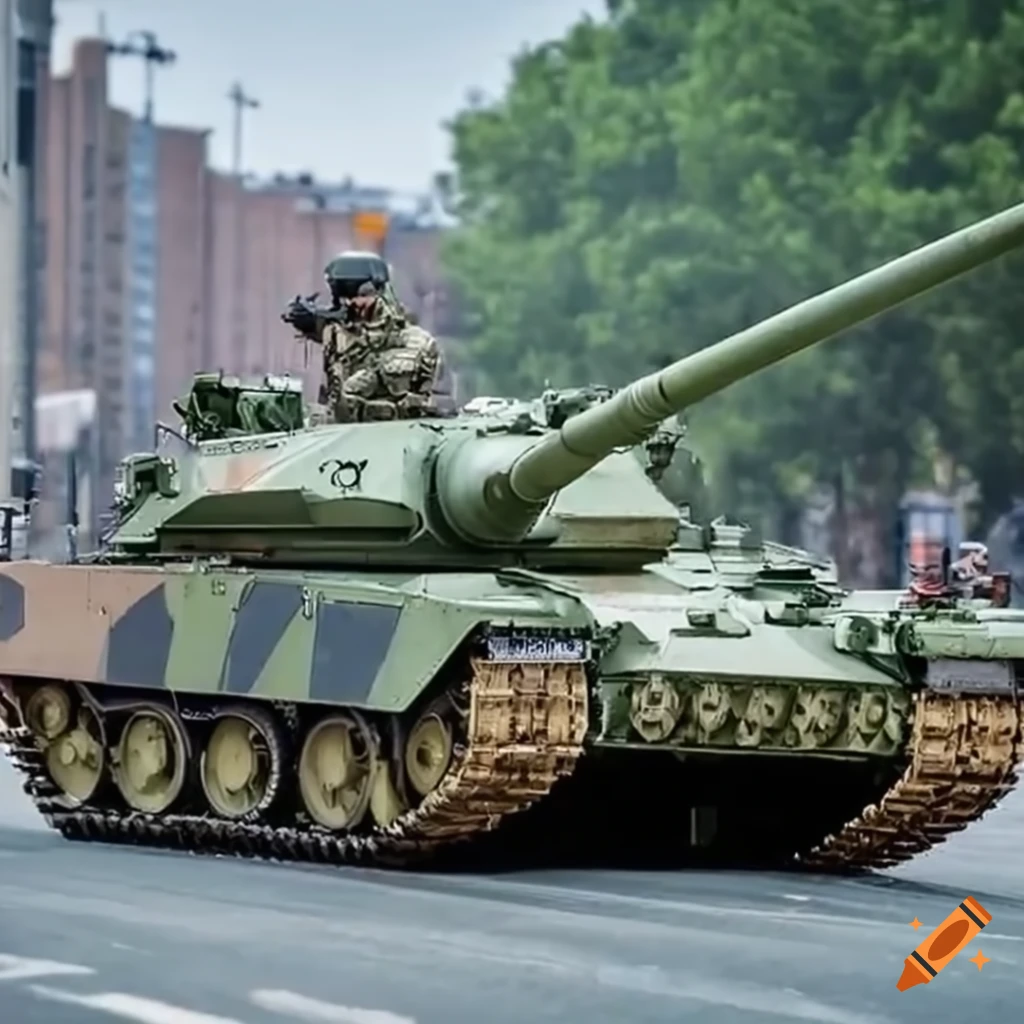 Military tank driving with special forces soldier nearby on Craiyon