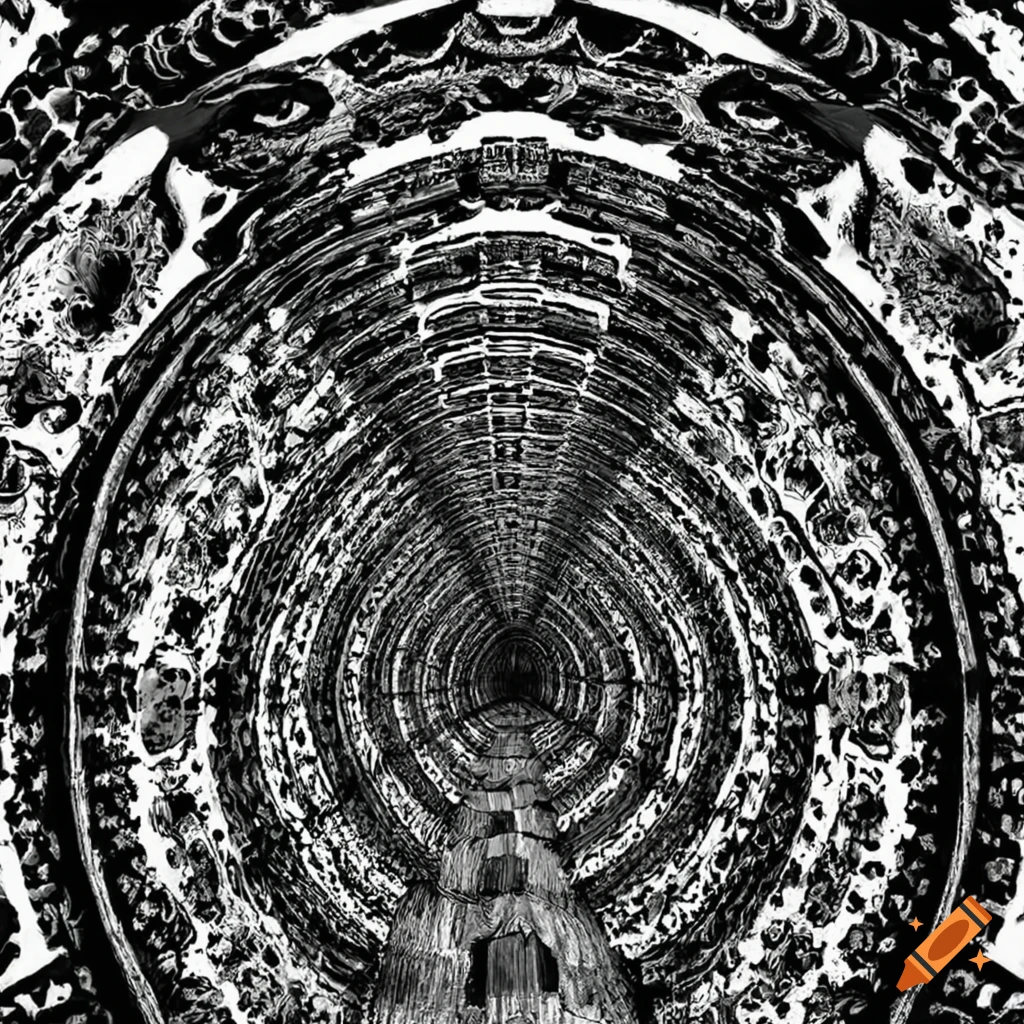 Psychedelic tunnel with complex symbolic walls on Craiyon