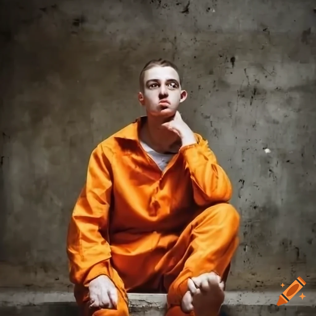 Young man in orange jumpsuit sitting in a prison cell on Craiyon