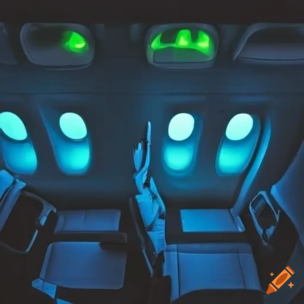 Ambient aircraft cabin with green and blue lights on Craiyon