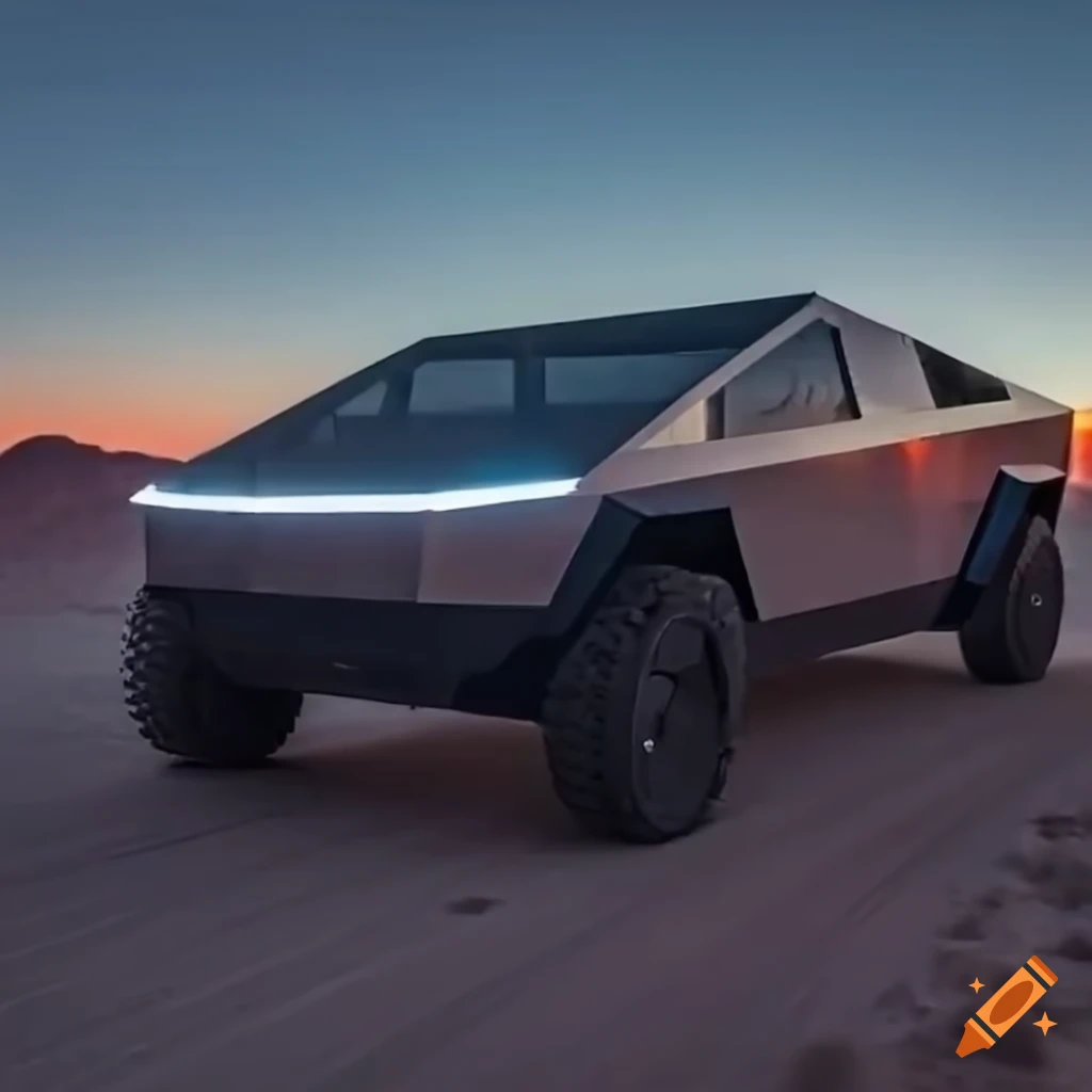 Tesla Cybertruck racing in the Mojave Desert on Craiyon