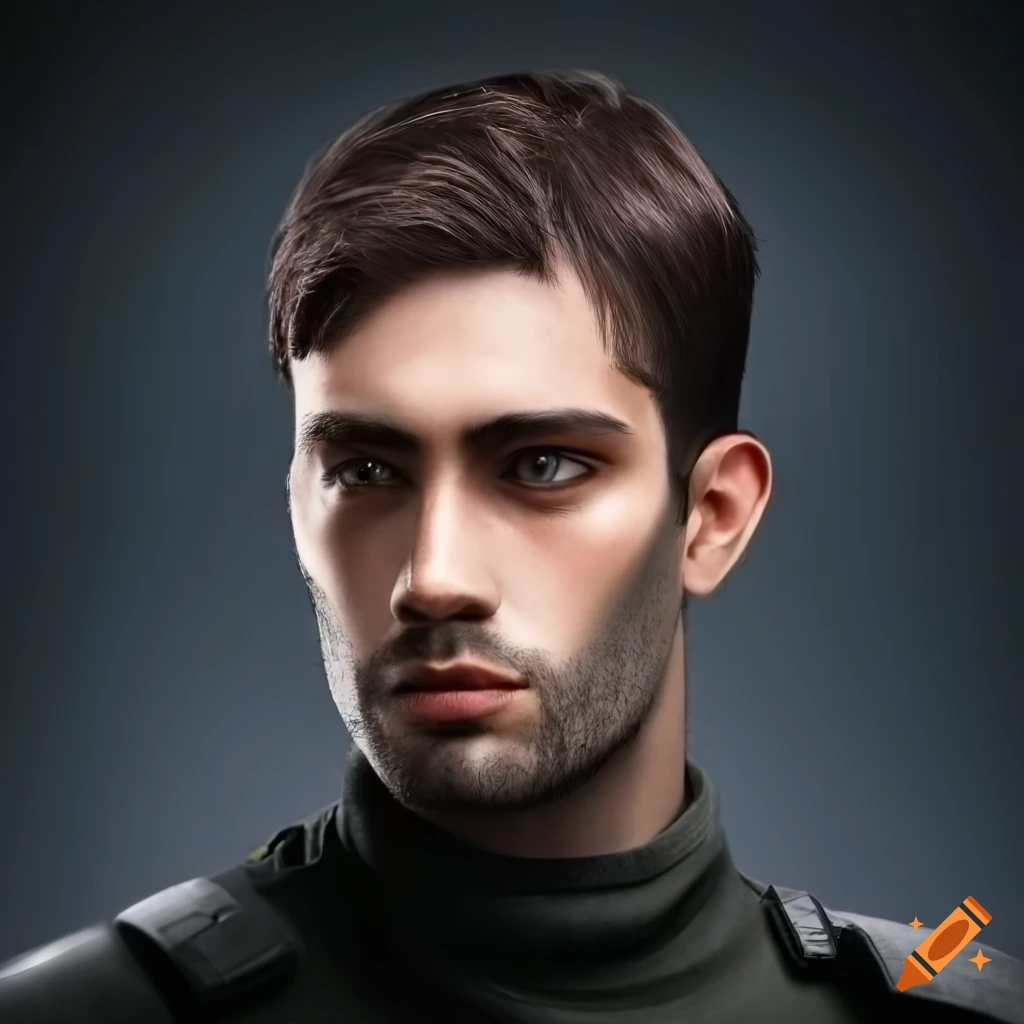 Portrait of a young man in SWAT uniform with stubble beard in semi ...