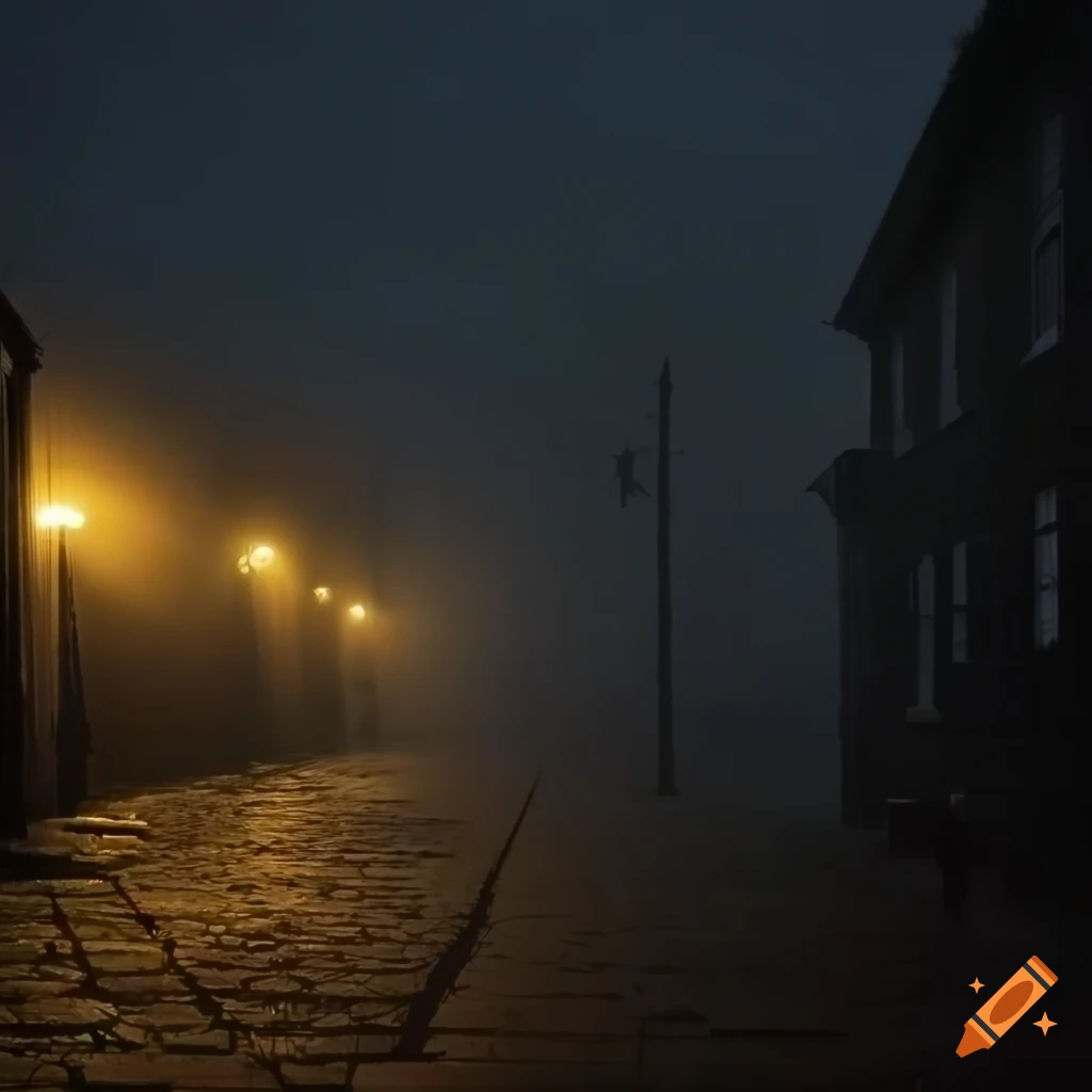 Foggy gloomy night street next to a dock with dim lighting on Craiyon