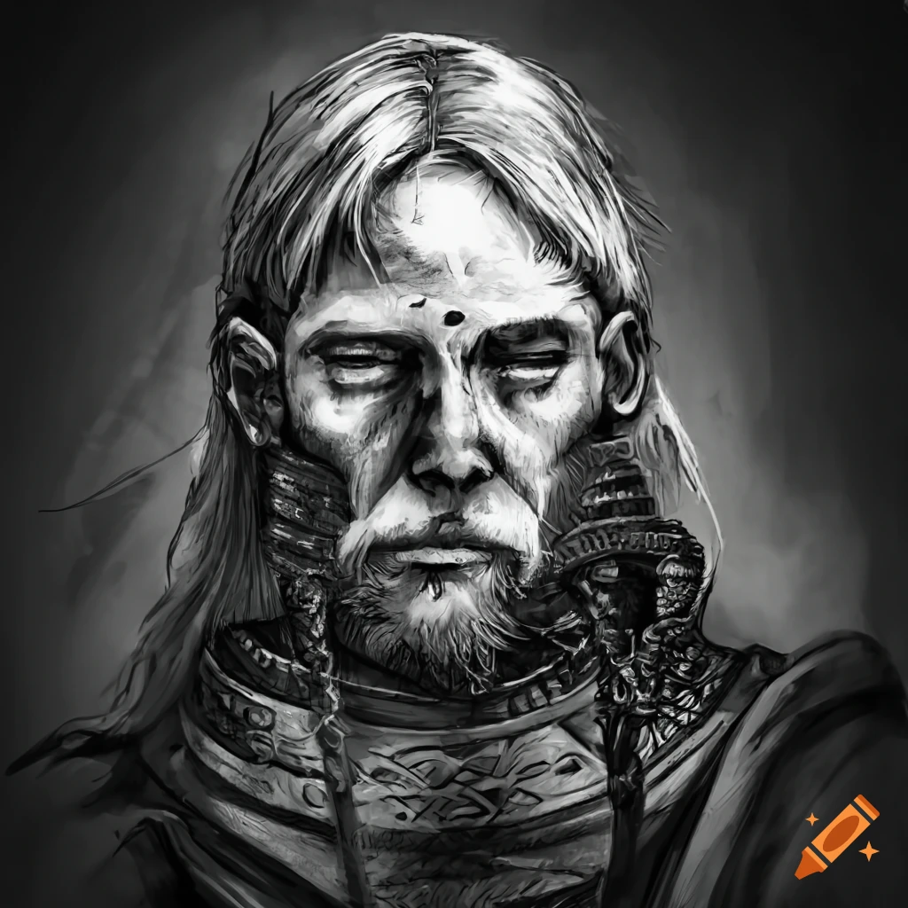 Black and white portrait of a 7th century slavic warrior with a ...