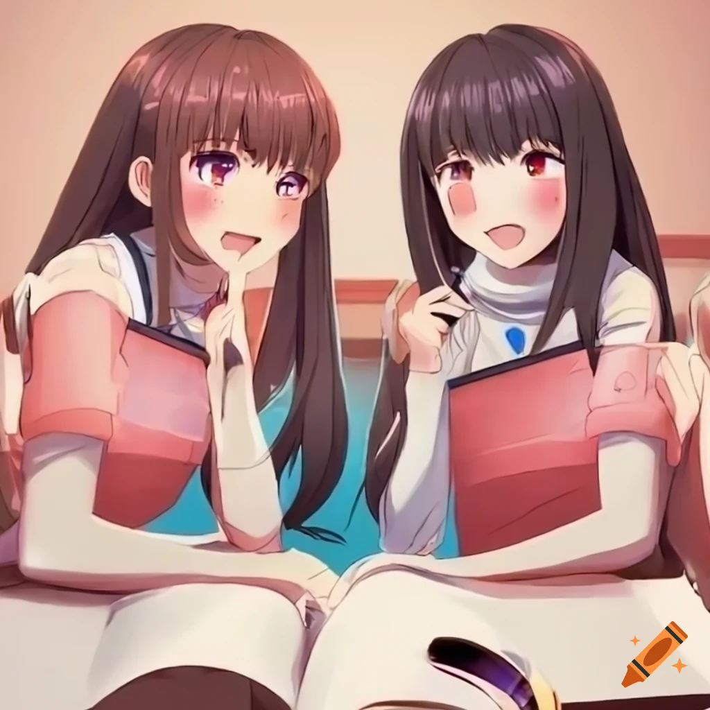 Group of cheerful anime girls studying in mit university library on Craiyon