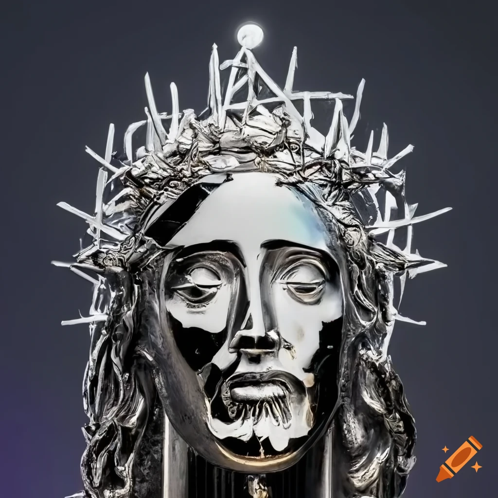 Chrome statue of Jesus Christ with thorn crown in a futuristic space ...