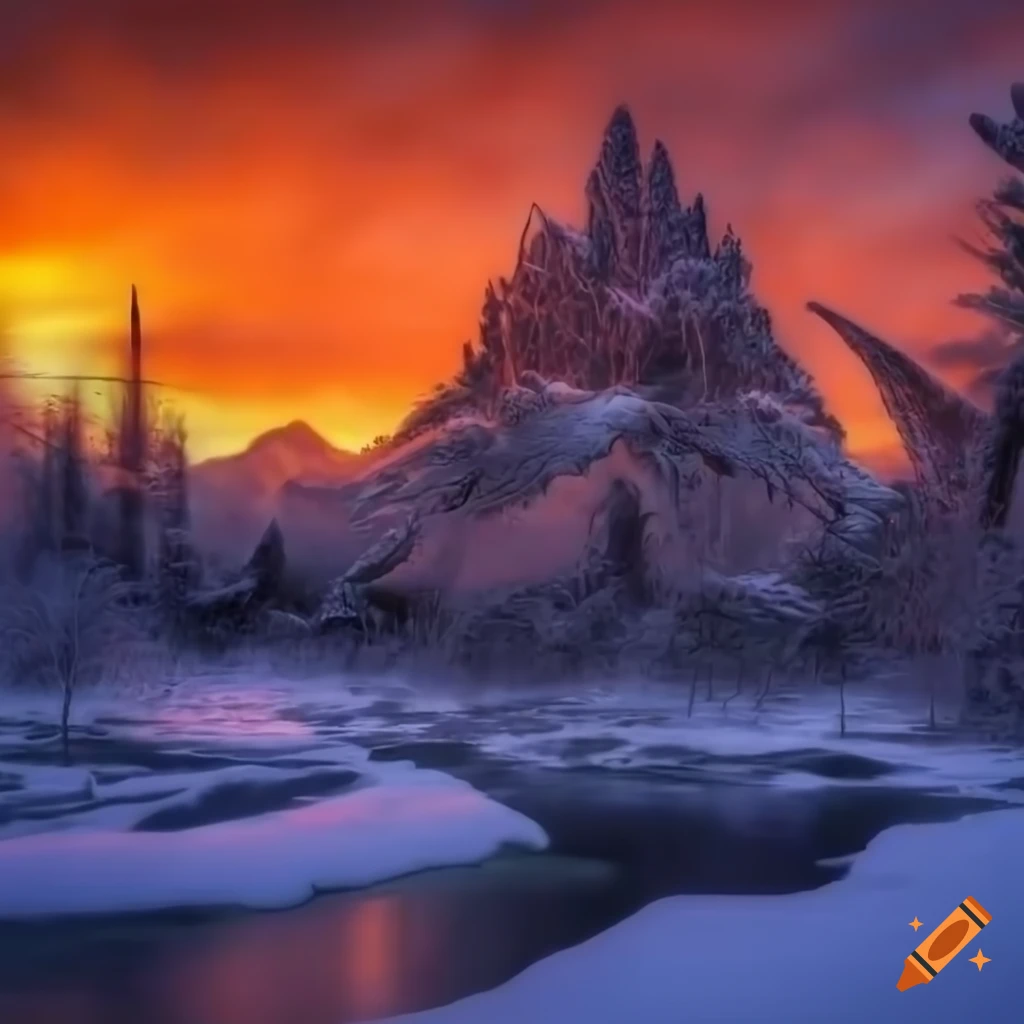 Benevolent dragons in a snowy sunset on Craiyon