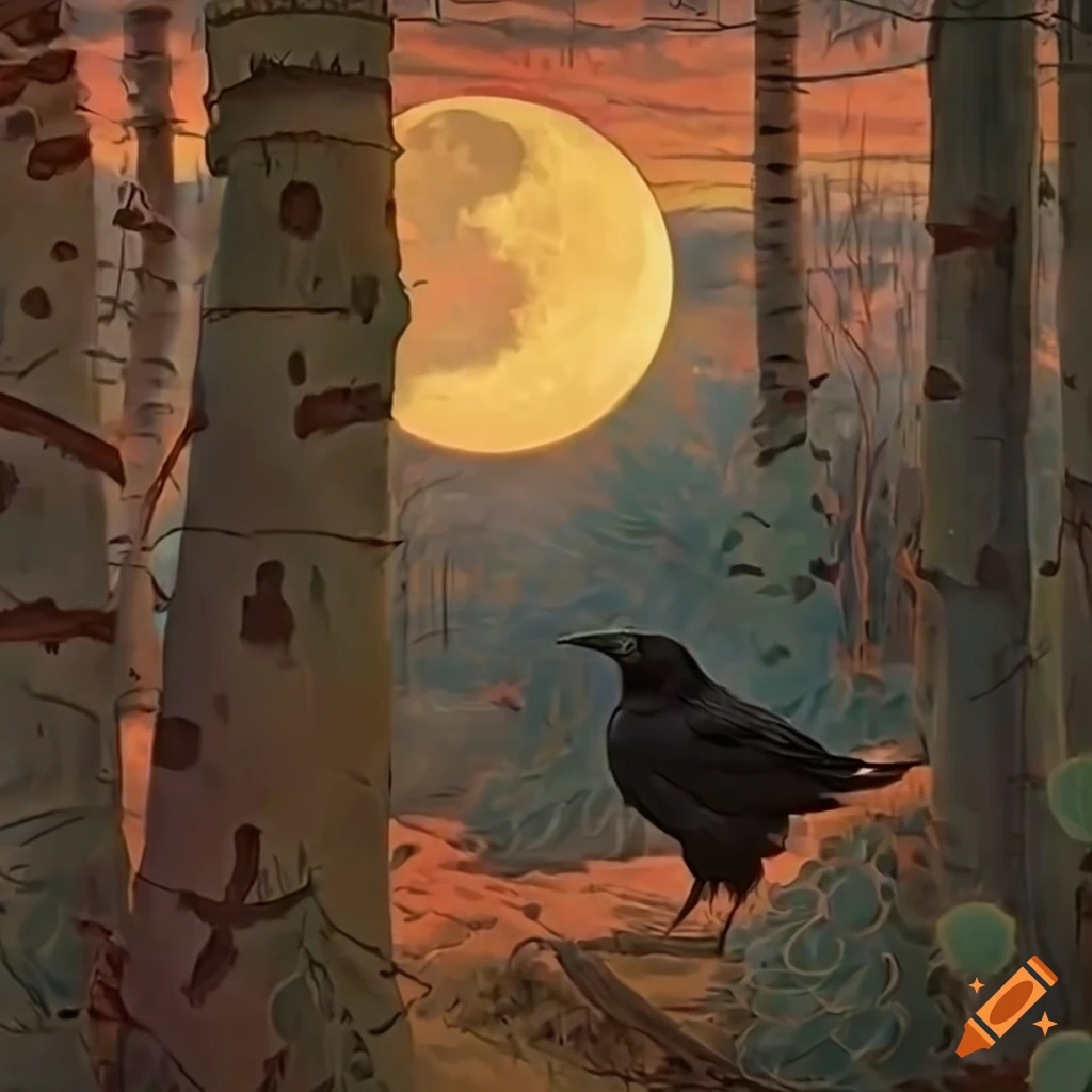 Raven in a twilight pine forest with stars and moon in 8k ultra high resolution on Craiyon