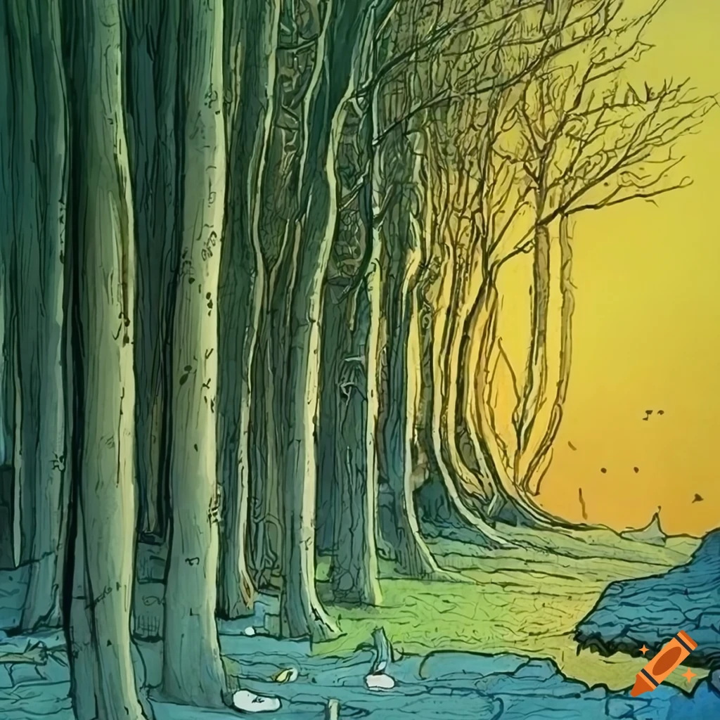 Moebius drawing of ginkgo biloba trees forest on Craiyon