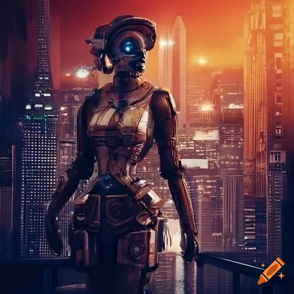 Clockwork mechanical woman walking in a sci-fi city on Craiyon