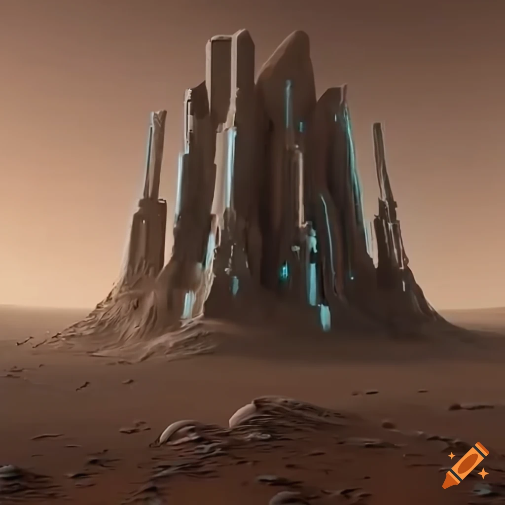 Three cybernetic pillars on Mars dusty surface in hyper realistic 8k ...
