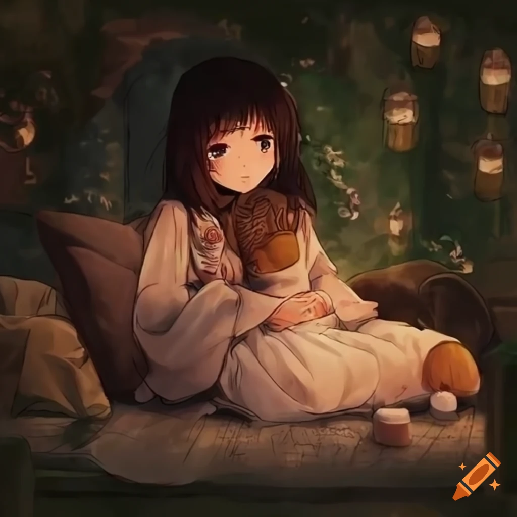Cottagecore anime girl on a cozy couch during rainy weather on Craiyon