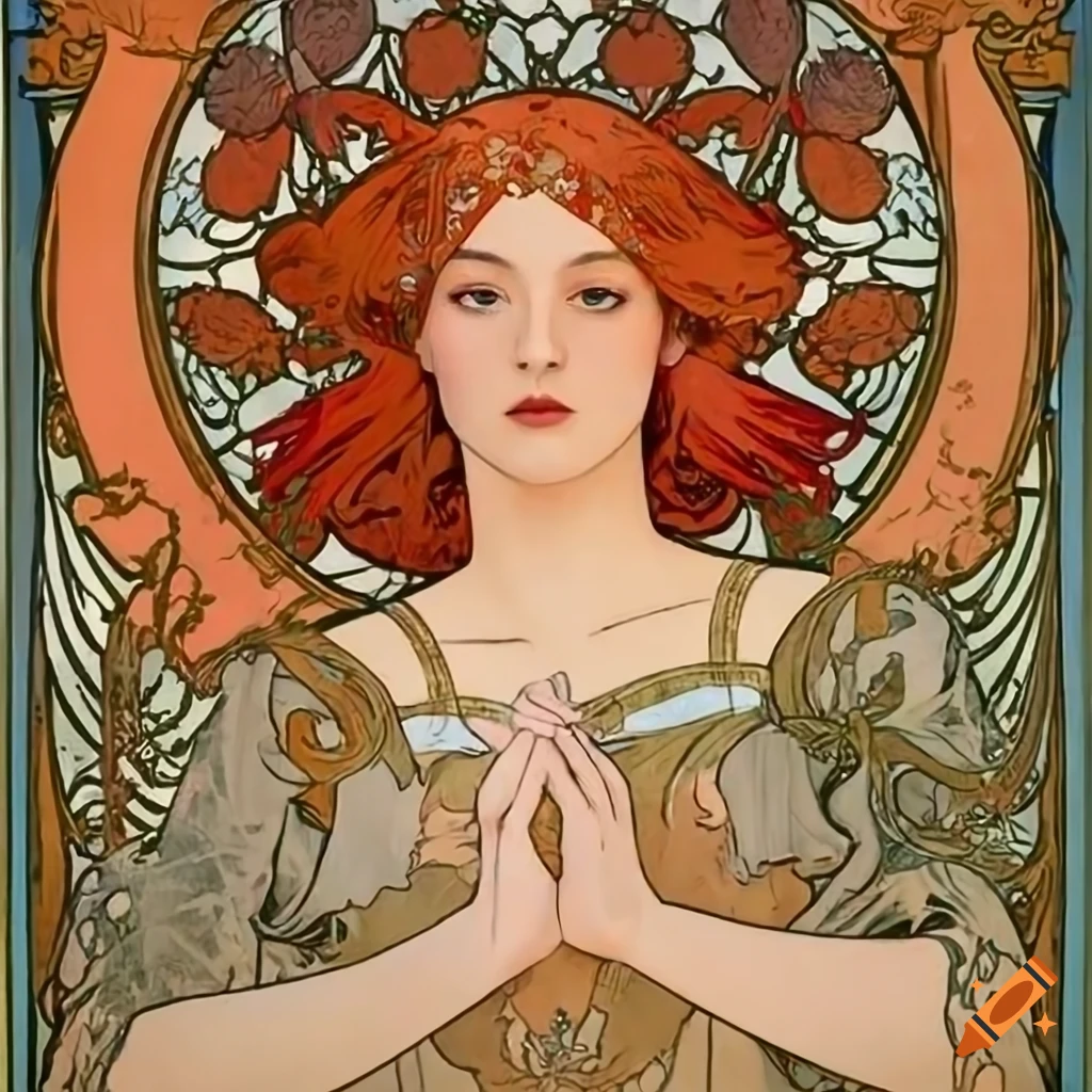 Woman with chechen wolf in the style of Alphonse Mucha on Craiyon