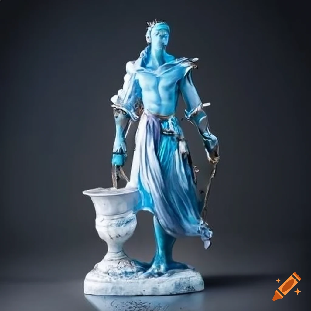 Elegant male water genasi statue in pure white attire with a silver ...