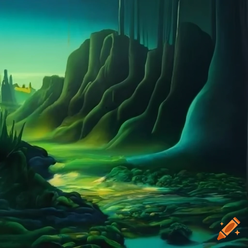 Surrealist landscape inspired by roger dean's style on Craiyon