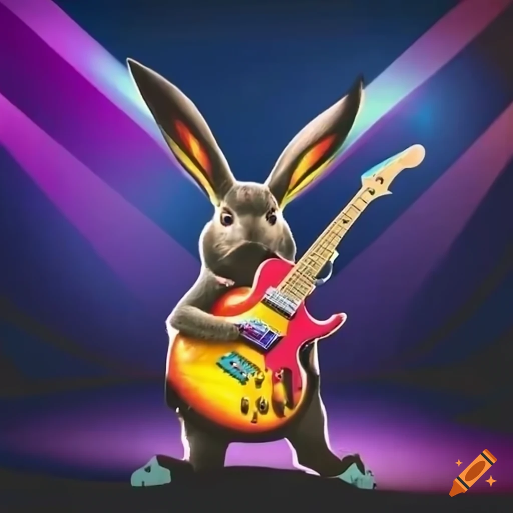 Energetic rabbit playing electric guitar with lively band on stage on ...