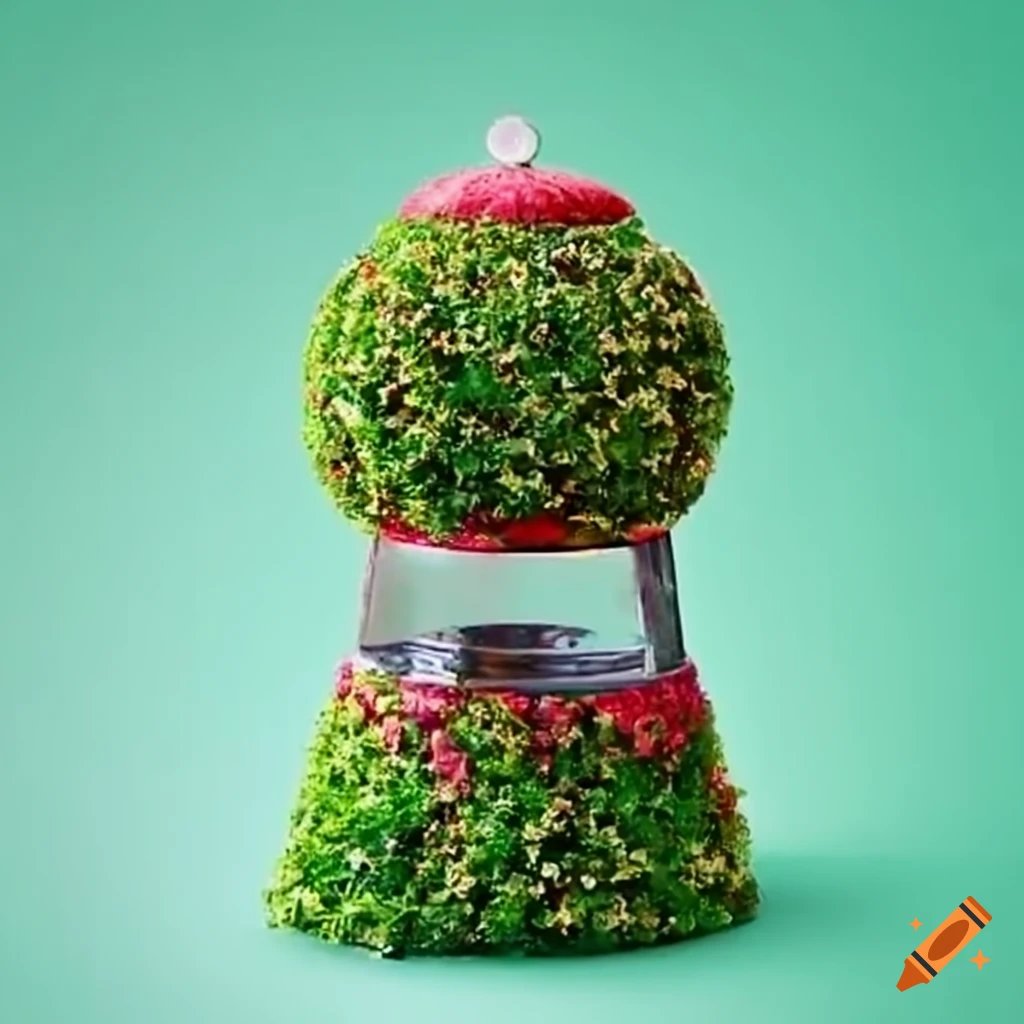 Gumball machine covered in topiary vines on Craiyon